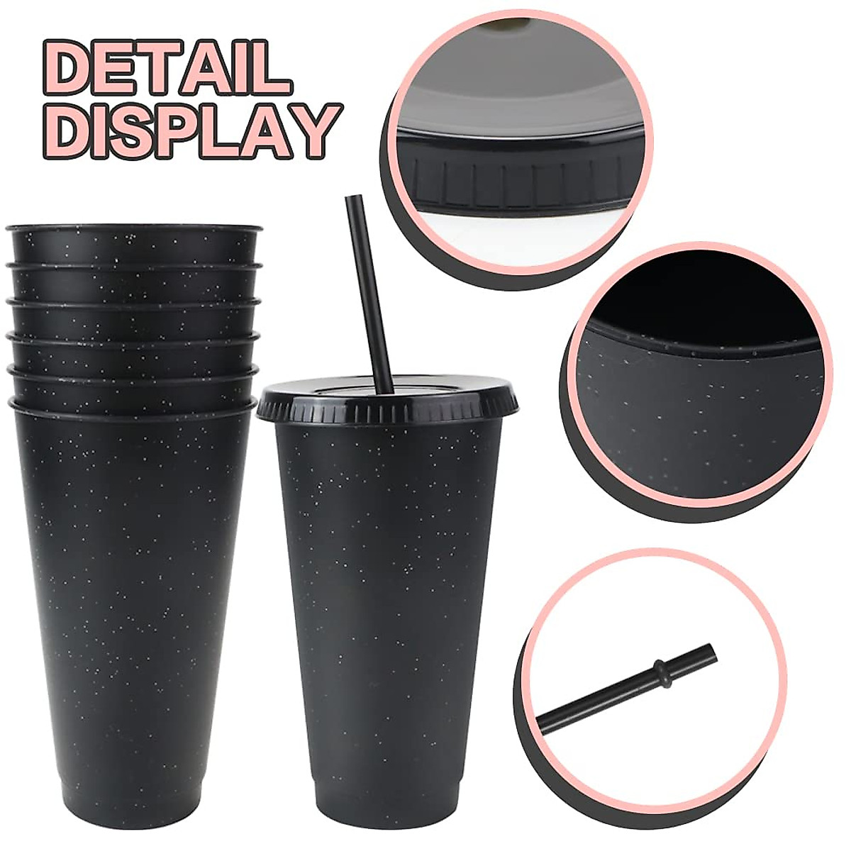Fyess 6 Sets Tumbler with Straw and Lid,Plastic Water Bottle Travel Cup Reusable Cup (Black,24 oz)