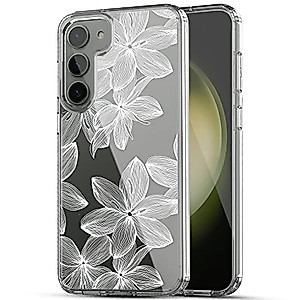 RANZ Galaxy S23 Plus Case, Anti-Scratch Shockproof Clear PC+ TPU Bumper with White Flower Design