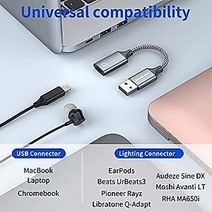 USB A to Lighting Audio Adapter Cable, Nylon Braided USB Male to Lightning Female Dongle Converter Support Volume Control Mic Compatible with MacBook Computer PC Headphone,Earphones, Earbuds, and More