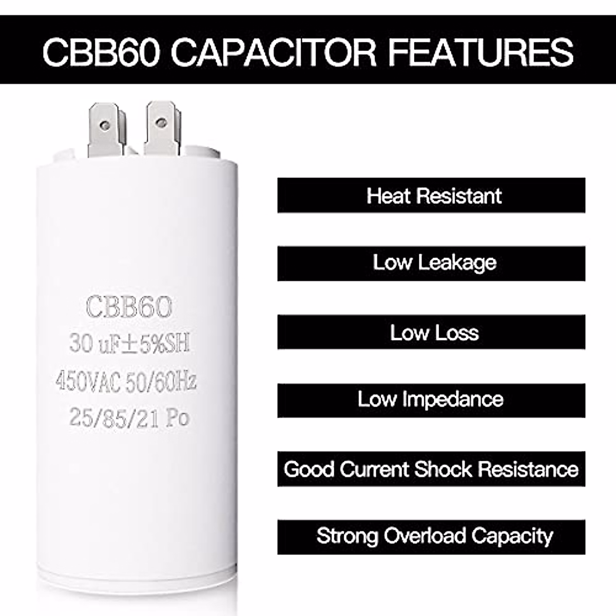 30UF CBB60 Motor Run Capacitor, 450VAC 50/60HZ Cylindrical Capacitor for Motor Run, Washing Machines, Air Conditioners and Water Pumps