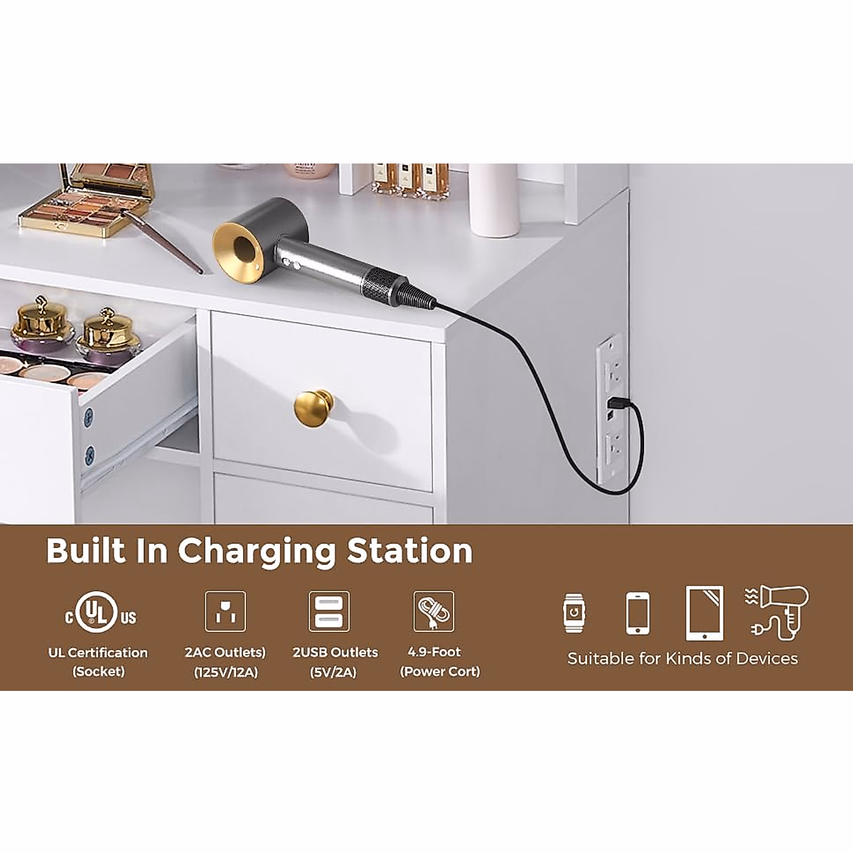 ANWBROAD Vanity Desk Set with Large LED Lighted Mirror Power Outlet Makeup Vanity Table 3 Color Lighting Modes Dressing Table with 5 Drawers and 2 Cabinets Cushioned Stool for Bedroom, White UBDT57W