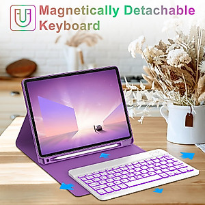 iPad Air 5th 2022/Air 4th 2020 Generation Case with Keyboard 10.9 Inch, 7 Colors Backlit- Detachable Bluetooth Keyboard- Slim Folio Stand with Pencil Holder for Pro 11 Inch 4th/3rd/2nd/1st Gen, Purple
