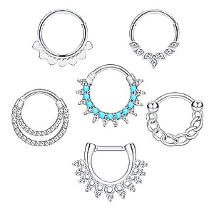 Drperfect 6Pcs 16G Daith Septum Rings 316L Stainless Steel CZ Septum Hoop Nose Ring for Women Men Hinged Segment Clicker Cartilage Helix Earrings Earring Daith Clicker Body Piercing Jewelry