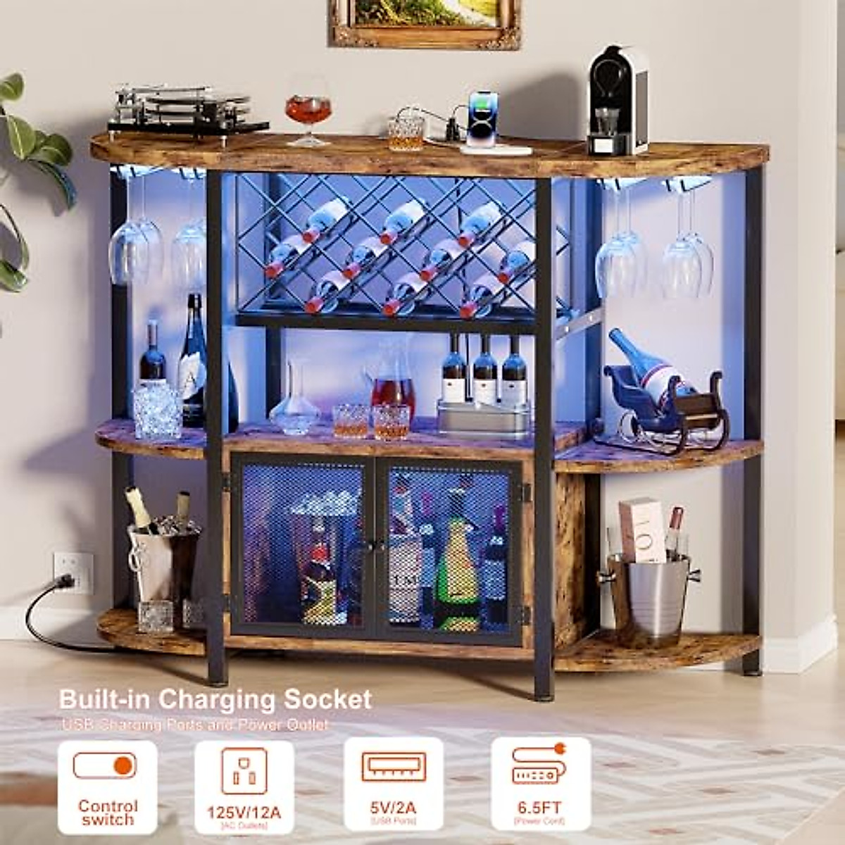 Hyomdeck Wine Bar Cabinet with LED Lights and Power Outlets, Industrial Coffee Bar Cabinet for Liquor and Glasses, Farmhouse Bar Cabinet with Freestanding Wine Racks for Kitchen/Dining, Rustic Brown