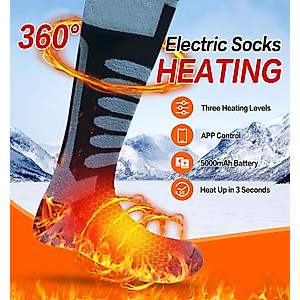 YAHAVA Electric Heated Socks for Men Women 5000mAh Rechargeable Battery Heated Socks with APP Remote Control Washable Feet Warmer Socks for Winter Hunting-Black