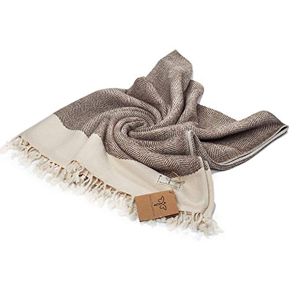 Smyrna Original Turkish Throw Blanket Herringbone Series | 100% Cotton, 50 x 60 Inches | Vintage Boho Throw Blankets for Couch, Sofa, Farmhouse and Home Decor | Lightweight and Super Soft (Latte)