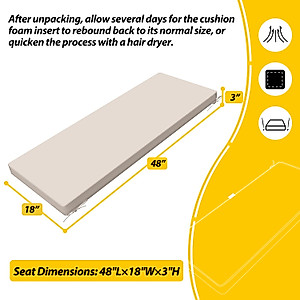 AAAAAcessories Outdoor/Indoor Bench Cushion for Patio Furniture Bench/Swing/Settee, 48 x 18 x 3 Inch, Beige