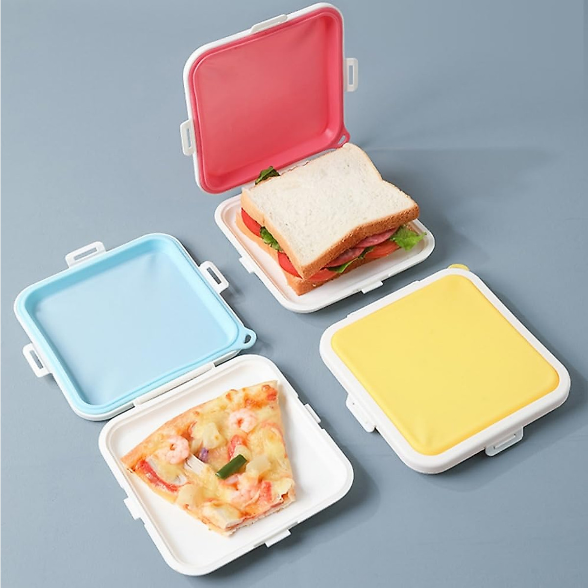 Komost Leakproof & BPA Free Silicone Sandwich Containers - Reusable Sandwich Box with Snap-Off Lid for Lunch, Eco-Friendly Plastic Sandwich Holder (Blue)