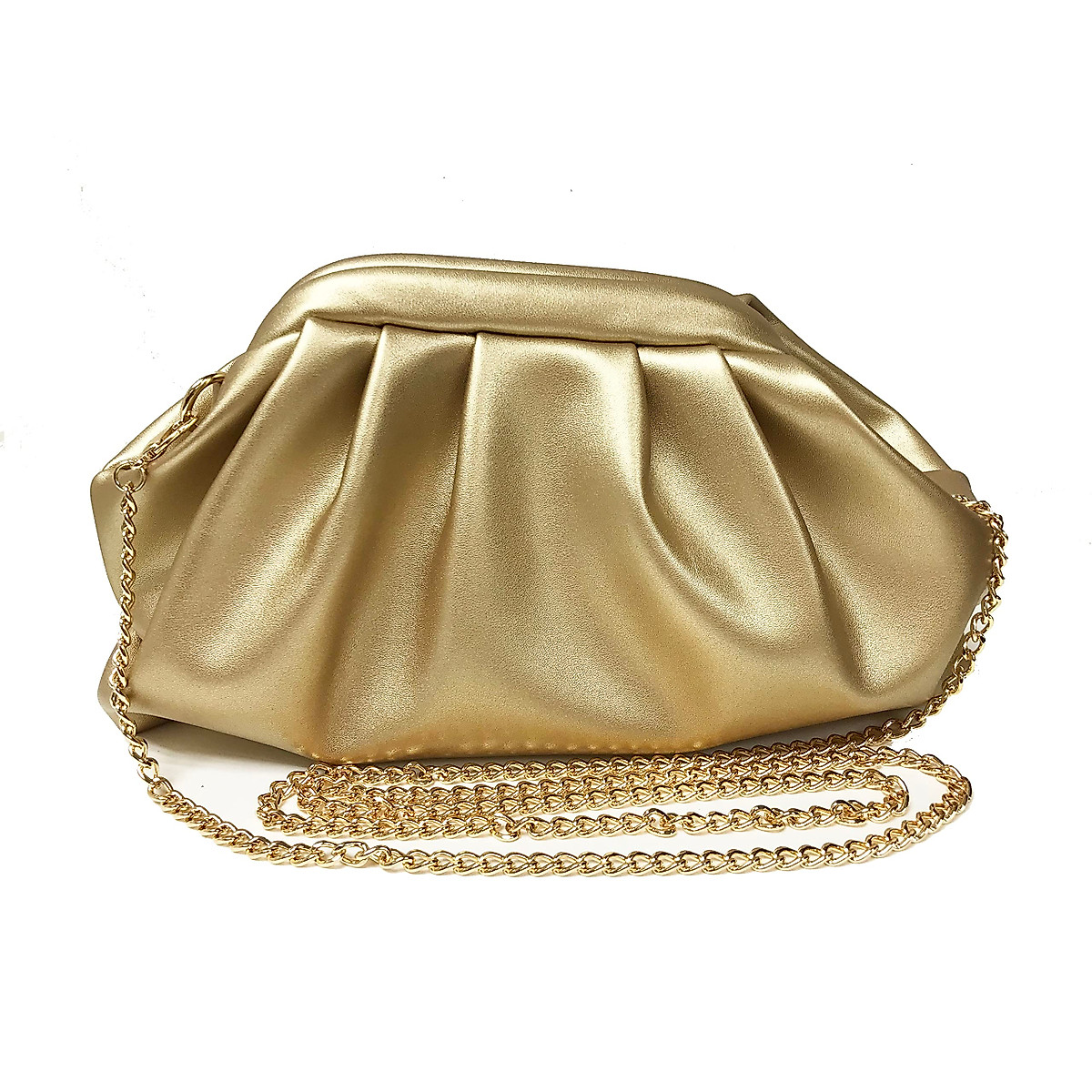 expouch Women Cloud Bag Slouchy Clutch Ruched Purse Evening Handbag with Gold Chain Shoulder Bag (Gold)