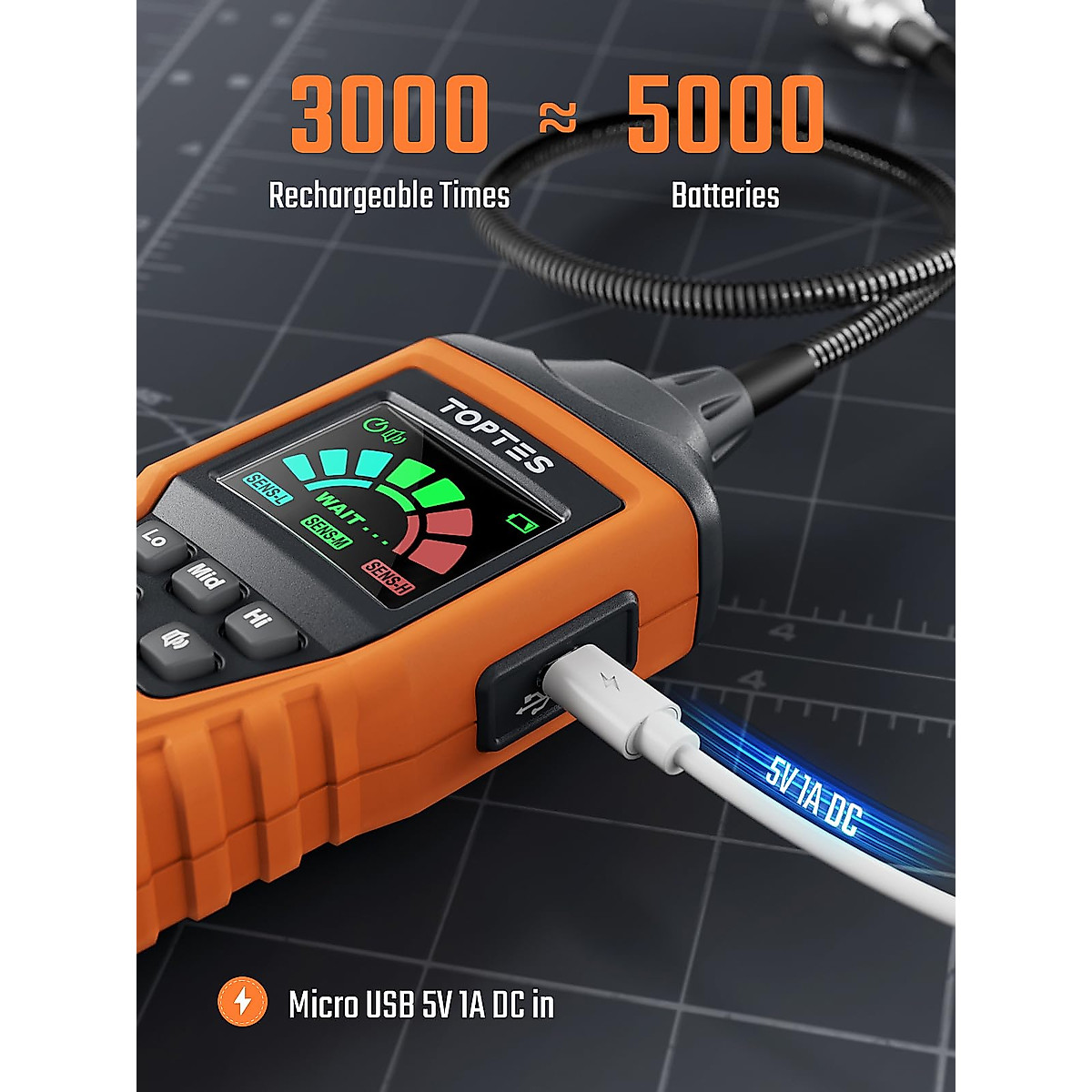 TopTes PT520A+ Rechargeable Gas Leak Detector, Natural Gas Detector with 17-inch Probe, Checking Combustible Gas Leaks Like Natural Gas, Propane, Methane, Butane for Home, HVAC and RV - Orange