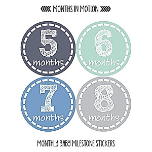 Months in Motion Baby Monthly Stickers - Baby Milestone Stickers - Newborn Boy Stickers - Month Stickers for Baby Boy - Baby Boy Stickers - Newborn Monthly Milestone Stickers (12 Count)