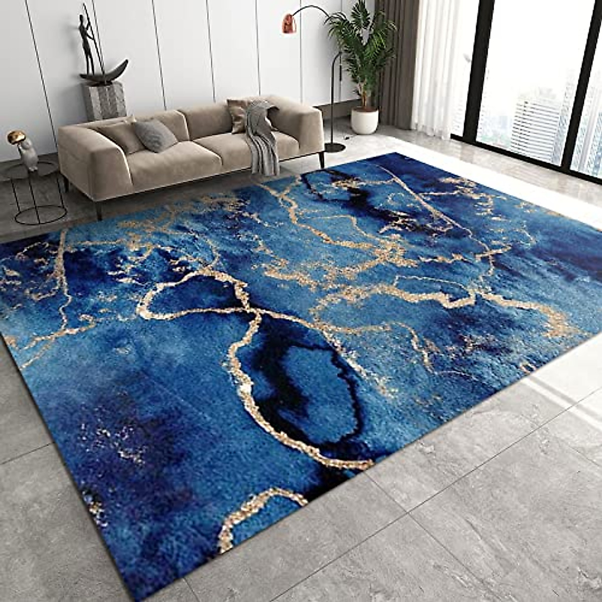 QINYUN Art Abstract Area Rug, Blue Water Swoosh Indoor Rug, Decorative Rug Non-Slip Soft Machine Washable, for Apartment Living Room Bedroom Dining Room-6ft×8ft