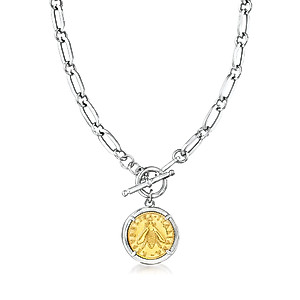 Ross-Simons Italian Sterling Silver and 18kt Gold Over Sterling Replica Bumblebee Lira Coin Paper Clip Link Toggle Necklace 20 inches