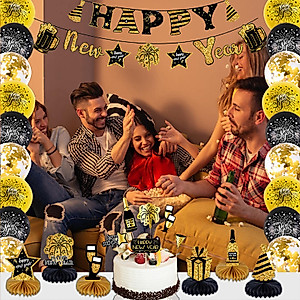 New Year Decorations Kit, Black Bunting and Gold Alphabet Balloons, Cake Topper and Photo Booth Props, Eve Party Decor for Home and School Gatherings, Festive Backdrop for Celebrations