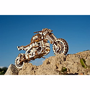 UGEARS Motorcycle with Sidecar 3D Puzzles - UGR-10 Motorcycle Scrambler Perfect Father's Day Gift Idea Wooden Model Kits for Adults to Build - Retro Design Sidecar Motorbike Model Kit with Rubber Band Motor