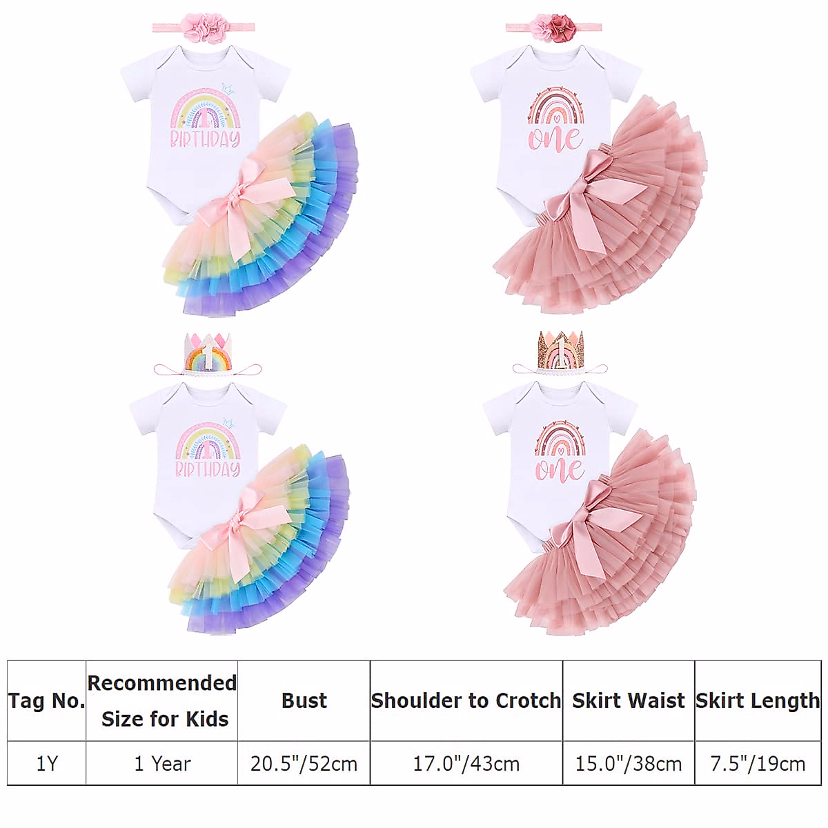 Baby Boho Rainbow 1st Birthday Outfit Toddler Girl Cake Smash Romper Tutu Skirt with Diaper Covers Flower Headband Photo Shoot Hippie Bohemian Themed First Birthday Party Supply One 1 Year Dusty Pink