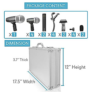 Pyle 7-Piece Wired Dynamic Kit-Kick Bass, Tom/Snare & Cymbals Microphone Set-for Drums, Vocal, & Other Instrument-Complete with Thread Clip, Inserts, Mics Holder & Case, Black