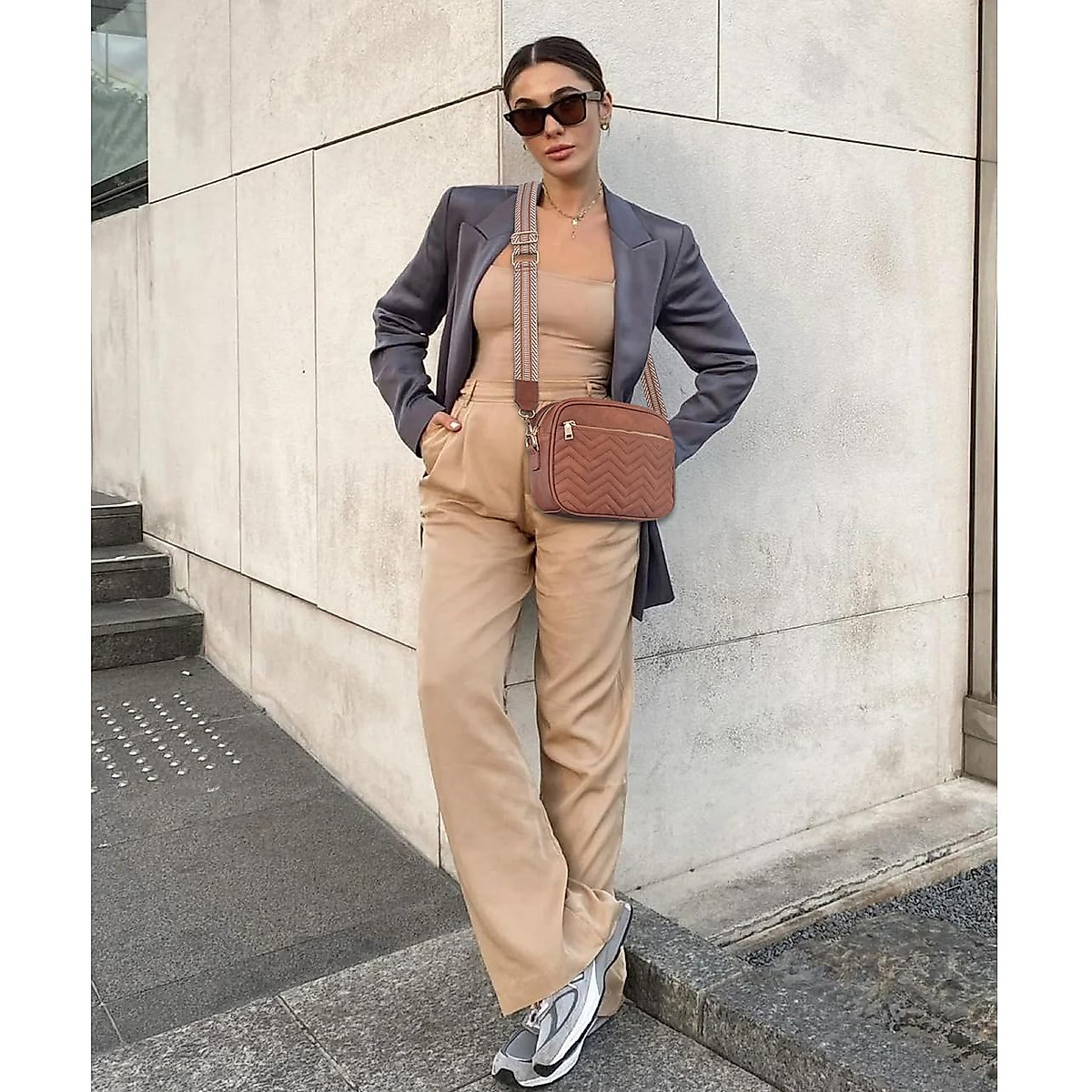 VODIU Quilted Crossbody Bags for Women Purses Handbags Small Vegan Leather Shoulder Bag with Wide Strap Trendy Cross Body Purse Brown