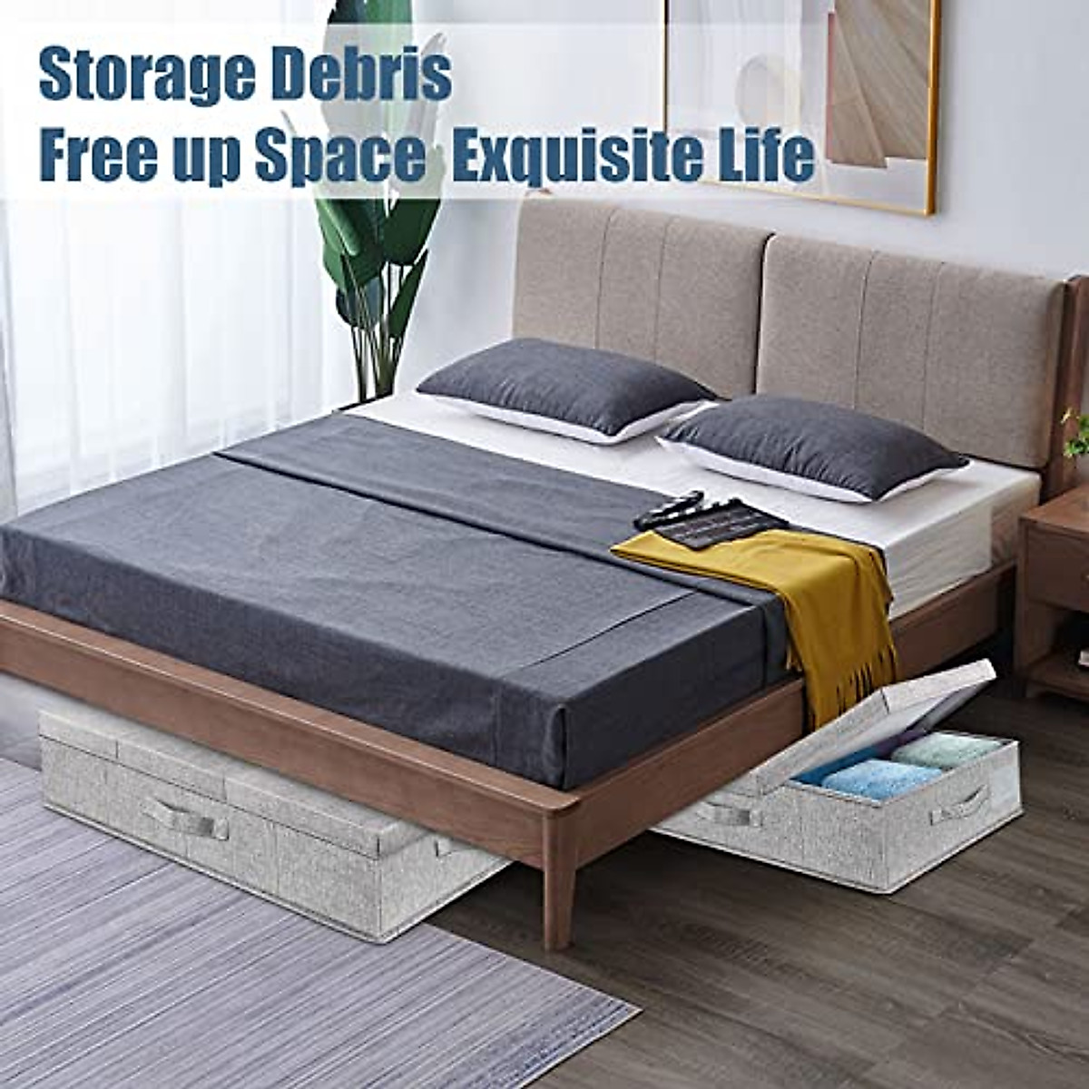 Supowin Underbed Storage Containers Bin with Lids (Set of 2) Large Under Bed Storage Organizer Box with Handle, Foldable Under the Storage Bags for Organizing Clothes, Shoes, Blankets, Pillows-Grey