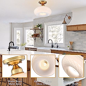 Pia Ricco Mid Century Semi Flush Mount Ceiling Light Gold, Globe Opal Glass Shade Ceiling Light Fixture, Modern Hallway Light Fixtures for Entryway Kitchen Bathroom Laundry Bedroom