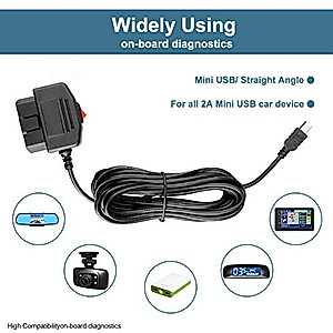 【2 Pack】 OBD Power Cable, Mini USB Port OBD2 Power Cable for Dash Camera 24 Hours Surveillance/Acc Mode with Switch Button, 16Pin OBDII Adapter Hardwire Charger Cable 12-26V to 5V