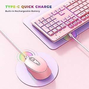 Wireless Keyboard and Mouse Combo Backlit, seenda Rechargeable Full-Size Illuminated 2.4Ghz Silent Keyboard and Mouse for Computer/Laptops/Windows/Gaming, Ice Pink