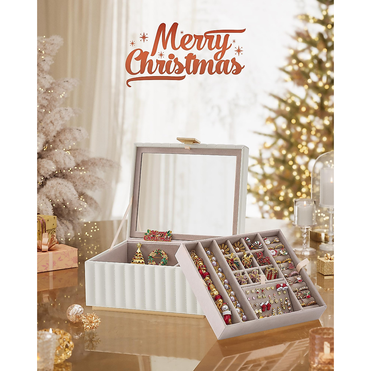 SONGMICS HOME ANAH Collection - 2-Tier Jewelry Box with Mirror, Jewelry Organizer, Removable Tray, PU Surface with Stitching, Floating Effect, 8.5 x 9.4 x 5.3 Inches, Christmas Gift, Cloud White