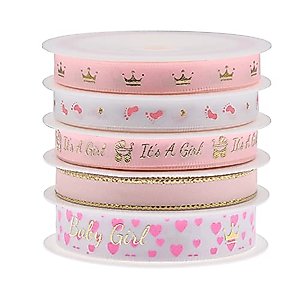LaRibbons 5 Rolls Baby Girl Light Pink Craft Ribbon, 5 Yards/Roll, Total 25 Yards - Perfect for Baby Shower, Birthday, Gift Wrapping, Party Decoration