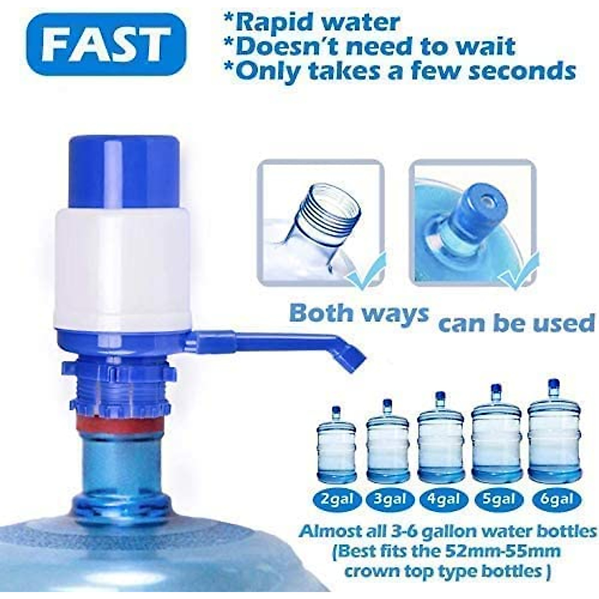 Water Bottles Pump Blue Manual Hand Pressure Drinking Fountain Pressure Pump Water Press Pump with an Extra Short Tube and Cap Fits Most 5 Gallon Water Dispenser