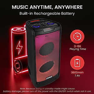 Pyle Portable Bluetooth PA Speaker System - 500W Rechargeable Indoor Outdoor Stereo w/Dual 8” Woofer & Tweeter, Audio Recording, Wireless Microphone, Flaming Light, Radio, MP3/USB/Micro SD, Remote