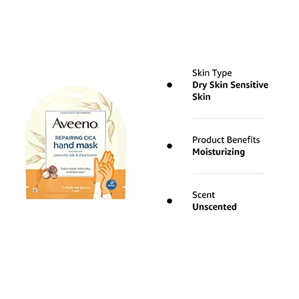Aveeno Repairing CICA Hand Mask with Prebiotic Oat and Shea Butter for Extra Dry Skin, Paraben-Free and Fragrance-Free, 1 Pair of Single-Use Gloves (Pack of 5)