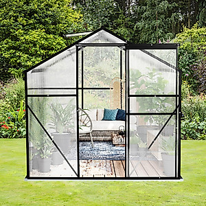 Zstar 6x6 FT Polycarbonate Greenhouses with Sliding Door and Adjustable Vent Window, Heavy Duty Outdoor Aluminum Walk-in Green House for Outdoor Garden Backyard, Greenhouses for Outdoors, Black