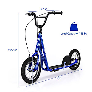 GYMAX Scooter, Kids & Adults Off-Road Scooter with 12" Inflatable Wheels, Adjustable Height Handlebar, V-Type Handbrakes & Axle Pegs for All Terrain, 8+ (Blue)