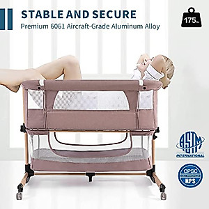 Ihoming Baby Bassinet Bedside Sleeper, 3 in 1 Convertible Design, lnfant Bed & Bed Side Sleeper & Cradle Bassinets, Newborn Bedside Crib Attaches to Bed, Khaki