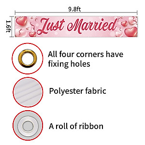 Just Married Large Banner, Wedding, Bridal Shower Porch Sign Lawn Sign, Rustic Wedding Reception Decorations, Indoor Outdoor Backdrop 8.9 x 1.6 Feet