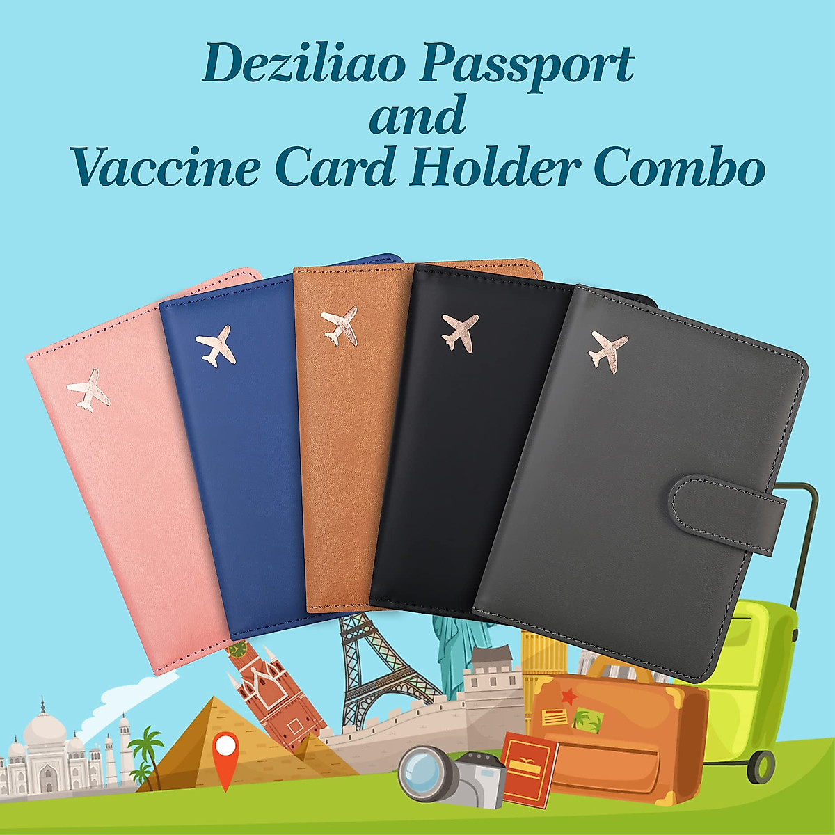 Deziliao Passport and Vaccine Card Holder Combo, PU Leather Passport Holder with Vaccine Card Slot, Passport Wallet for Men and Women (Gray-fly)