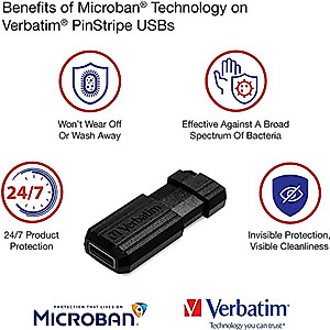 Verbatim 64GB PinStripe Retractable USB 2.0 Flash Thumb Drive with Microban Antimicrobial Product Protection – Black