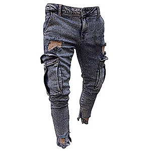 Andongnywell Mens Skinny Stretch Destroyed Denim Pants Ripped Slim Fit Trousers Stretch Knee Pocket Jeans (Blue 2,Medium)