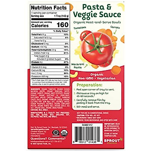 Sprout Organic Baby Food, Toddler Meals, Macaroni Pasta with Vegetarian Tomato Sauce, 5 Oz Bowl (8 Count)