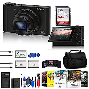 Sony Cyber-Shot DSC-WX500 Digital Camera (Black) (DSCWX500/B) + 64GB Memory Card + Case + 2 x NP-BX1 Battery + Card Reader + Corel Photo Software + Charger + Flex Tripod + Micro USB Cable + More