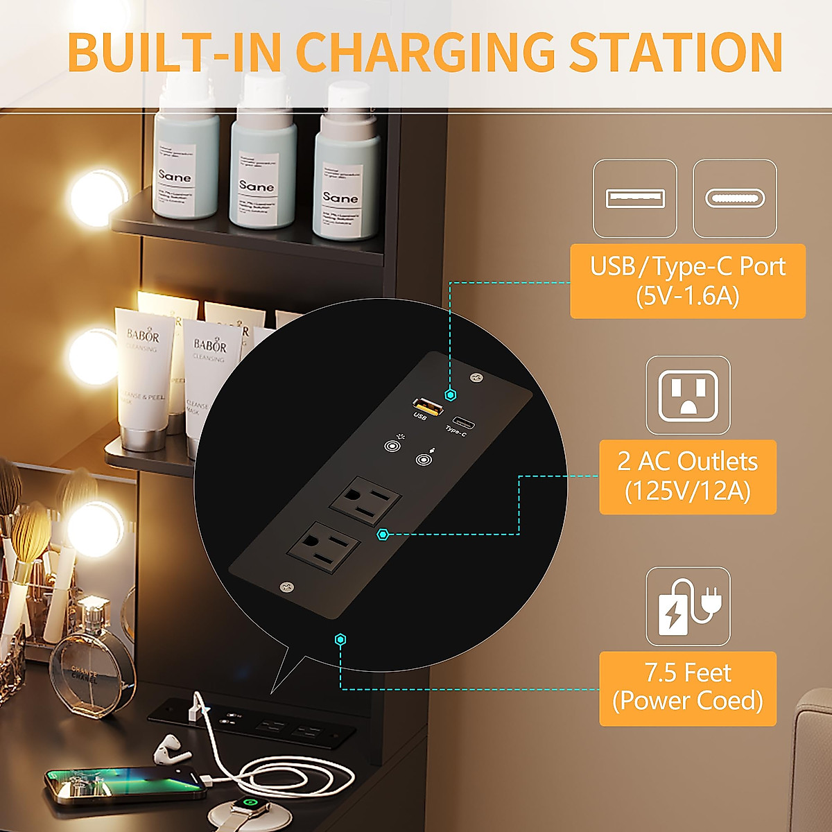 Vlsrka Black Vanity Desk with Mirror and Lights, Makeup Vanity Set with Charging Station, Power Strip, Vanity Table with Hollywood Mirror and Chair, 3 Colors Lighting Modes
