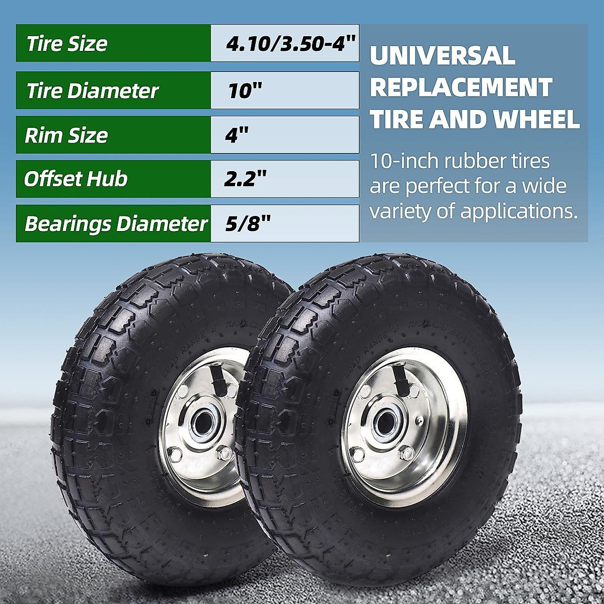 AR-PRO (2 Pack) 4.10/3.50-4 Tire and Wheel, Replacement Pneumatic Tires 10-Inch Wheel with 5/8" Bearings and 2.2" Offset Hub, Compatible with Hand Truck, Wheelbarrow, Wagon, Gorilla Carts
