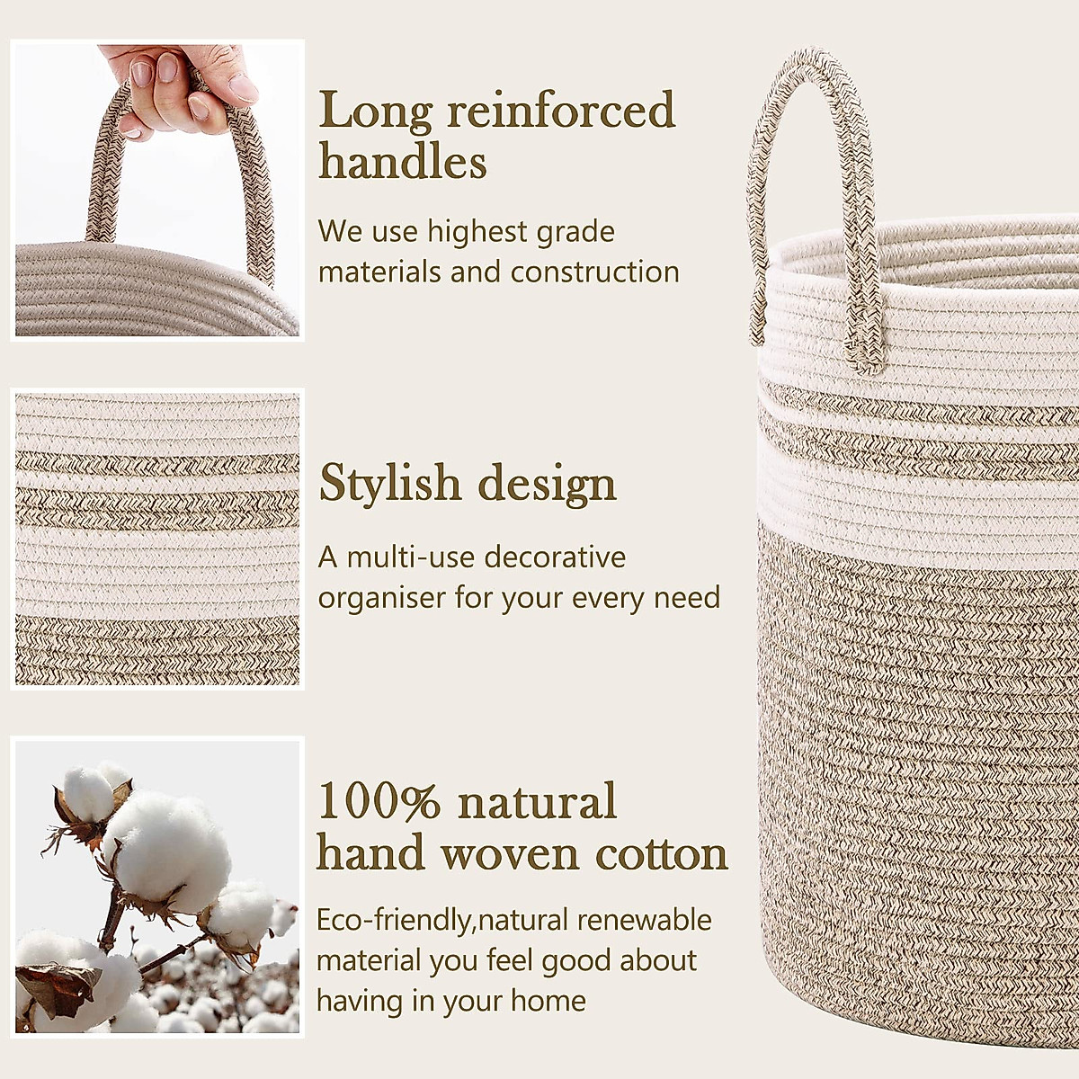 YOUDENOVA Woven Rope Laundry Hamper with Handles, 41L Laundry Basket for Blanket Storage, Heavy Duty Clothes Hamper for Bedroom-16 x 14 x 14 Inches-Brown