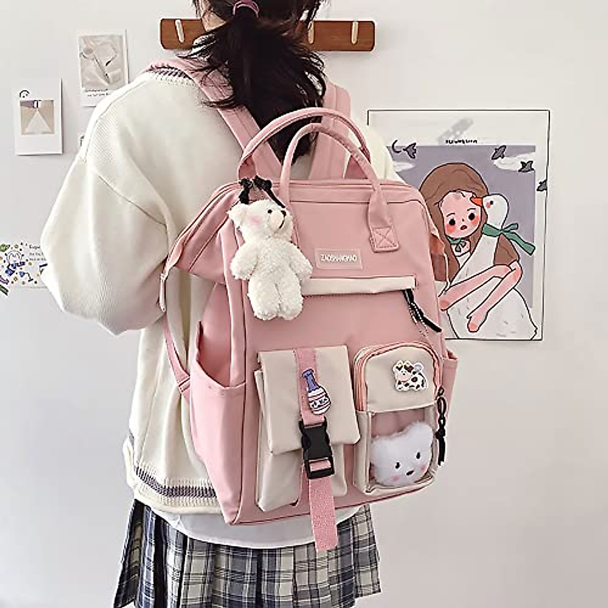 Kawaii Big Capacity Backpack with Kawaii Pin and Accessories, Cute Aesthetic Backpack Teen Girls Backpacks for School (Pink)