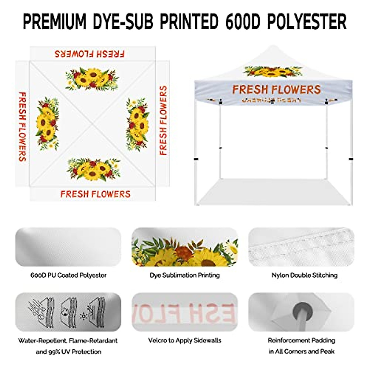 ABLEM8CANOPY Custom Canopy Tent 10x10 with Logo, Personalized Pop Up Canopy Tent with Optional Walls for Business Events, Trade Shows, Farmers Market, Roller Bag Included(Fresh Flower)