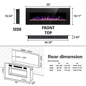 R.W.FLAME Electric Fireplace 50 inch Recessed and Wall Mounted,The Thinnest FireplaceLow Noise , Fit for 2 x 4 and 2 x 6 Stud, Remote Control with Timer,Touch Screen,Adjustable Flame Colors and Speed
