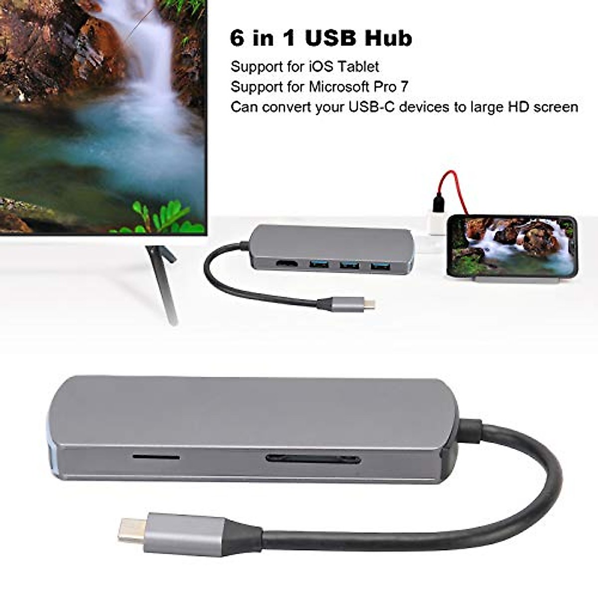 UBS Hub Extension, 6 in 1 USB3.0 Adapter Type C Multi‑Port USB C Expander Dock, to HDMI 4K Adapter Cable for Chrome Operating System/Windows7/8/10/XP/Linus/Vista