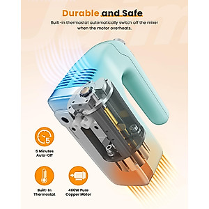 Juimma Hand Mixer Electric Handheld, 9-Speed 400W Kitchen Food Mixer with Digital Display and Touch Button, 5 Min Timer, Storage Case, 6 Stainless Steel Accessories, for Eggs Cream Cake Dough, Mint