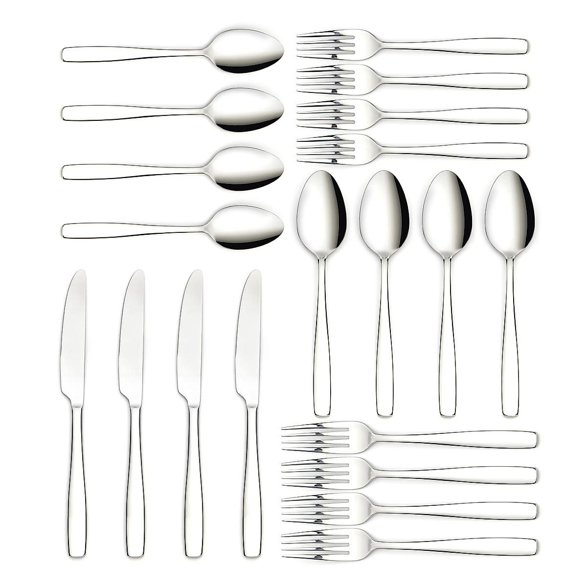 Ornative Eden 20 Piece Flatware Set, Service for 4, Includes Knives, Forks, Spoons, 18/0 Stainless Steel Silverware, Polished Silver, Dishwasher Safe, Durable and Easy Care