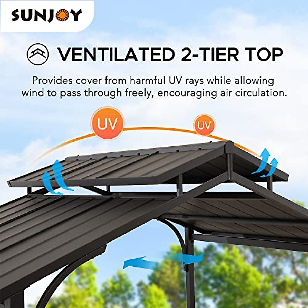 Sunjoy Grill Gazebo 5 ft. x 8 ft. Brown Steel Frame Double Tiered Hardtop Gazebo with Ceiling Hook and Shelves